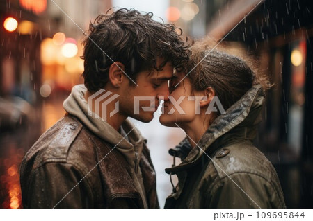 Intimate Kiss Under the Rain by Gay Couple....のイラスト素材 [109695844] - PIXTA