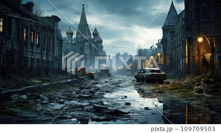 Post apocalypses view of Moscow, destroyed city...のイラスト素材 [109709503 ...