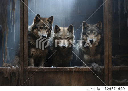 Wild wolves in captivity. Dirty, skinny, sick...のイラスト素材 [109774609] - PIXTA