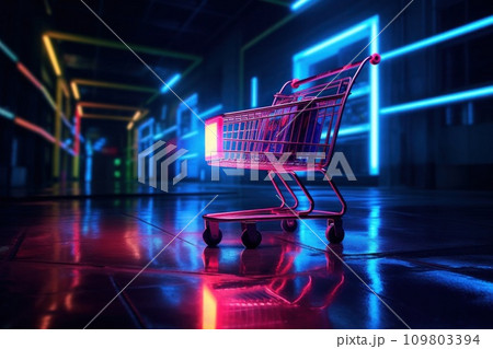 shopping cart at night on a dark neon floorのイラスト素材 [109803394] - PIXTA