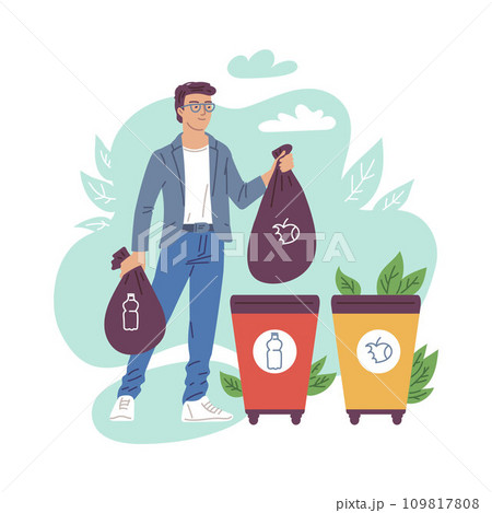 Man collects trash and garbage, ecologist...のイラスト素材 [109817808] - PIXTA