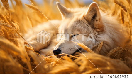 Dreamland Guardian: Sleeping Wolf in Wheatのイラスト素材 [109897937] - PIXTA
