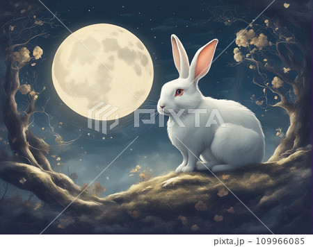 white rabbit in full moon shape background のイラスト素材 [109966085] - PIXTA