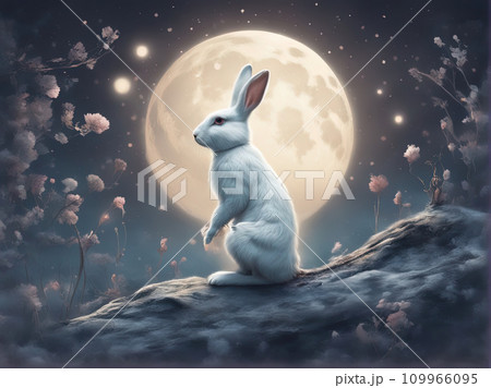 white rabbit in full moon shape background のイラスト素材 [109966095] - PIXTA