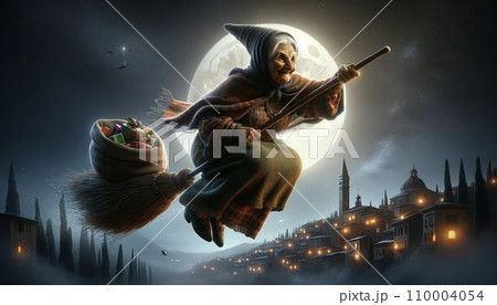 A photo realistic Befana flying on a broomstick...のイラスト素材 [110004054 ...
