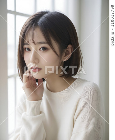 窓際で頬杖をつく女性のポートレート（AI生成画像）のイラスト素材 [110012799] - PIXTA