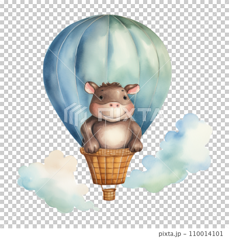 Delightful Watercolor Baby Hippo and Hot Air...のイラスト素材 [110014101] - PIXTA