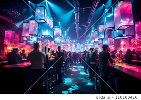 The neon lights of a Cyberpunk nightclub dance...のイラスト素材 [110100410 ...