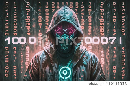 Hacker in hoodie in dark neon digit symbol...のイラスト素材 [110111358] - PIXTA