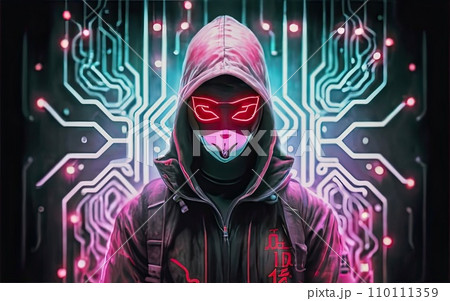 Hacker in hoodie in dark neon digit symbol...のイラスト素材 [110111359] - PIXTA