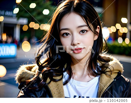 夕暮れ時、ライトがきれいな商業施設を歩く若い女性（生成AI）のイラスト素材 [110142005] - PIXTA