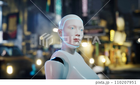 female robot walking along a street in a big...のイラスト素材 [110207951] - PIXTA