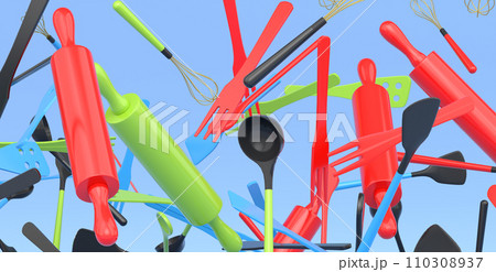 Many of flying kitchen utensils, tools and...のイラスト素材 [110308937] - PIXTA