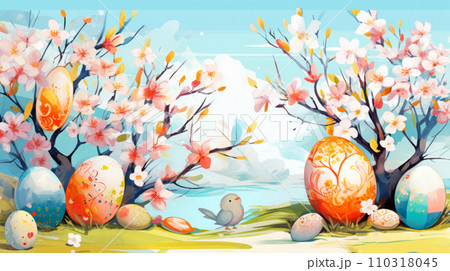 Cheerful spring scene, blossoming trees with...のイラスト素材 [110318045] - PIXTA