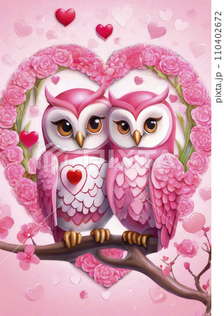 A couple of very cute two pink owls on a...のイラスト素材 [110402672] - PIXTA