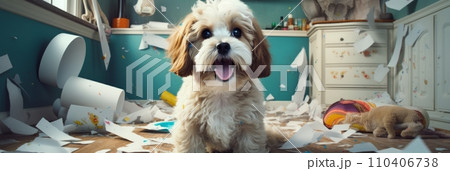 Mischievous dog chewed and scattered toilet paperのイラスト素材 [110406738 ...