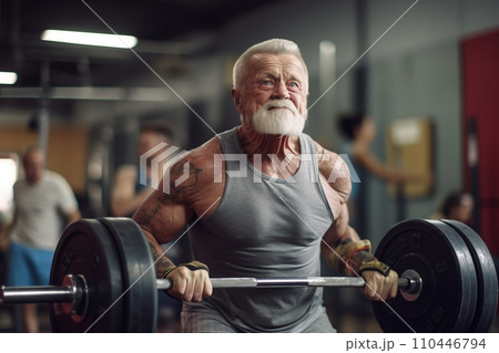 Bodybuilder. Elderly pensioner old man lifts a...のイラスト素材 [110446794 ...