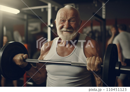 Bodybuilder. Elderly pensioner old man lifts a...のイラスト素材 [110451123 ...
