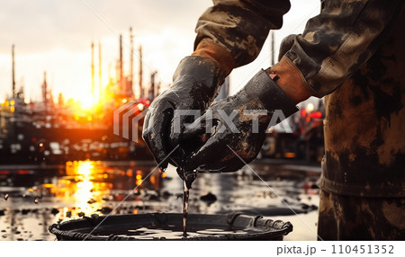 Oil pipeline with spilled crude oil. Worker's...のイラスト素材 [110451352] - PIXTA