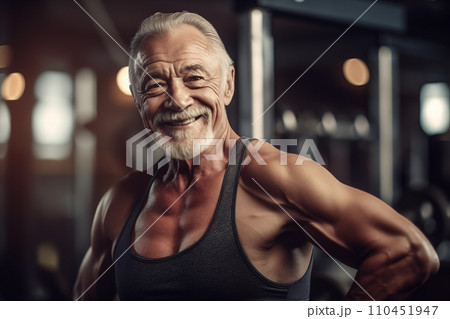 Elderly pensioner old man smiling in gym. 60-70...のイラスト素材 [110451947 ...
