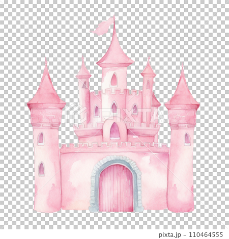 Cute pink watercolor princess castle in a soft,...のイラスト素材 [110464555] - PIXTA