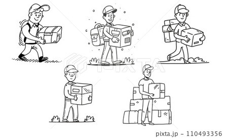 set of doodle style delivery man icon and vectorのイラスト素材 [110493356] - PIXTA