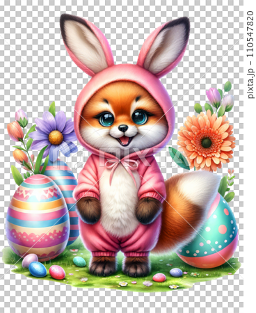 Cute Fox in Easter Bunny Costume with Easter... - Stock Illustration ...