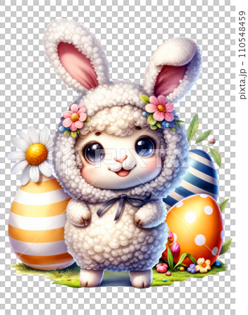 Cute Sheep in Easter Bunny Costume with Easter...のイラスト素材 [110548459 ...