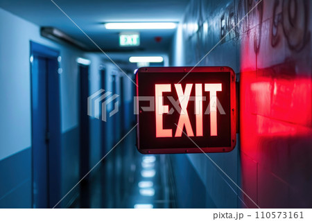 The Exit sign glowing in red shows the word...のイラスト素材 [110573161] - PIXTA