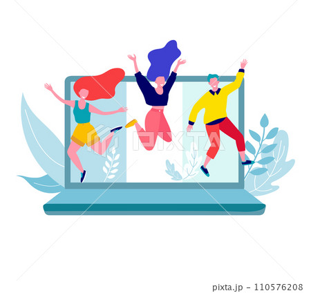 Young adults jumping out of laptop screen with...のイラスト素材 [110576208 ...