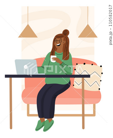 Cartoon freelancer. Worker at laptop. Woman...のイラスト素材 [110582017] - PIXTA