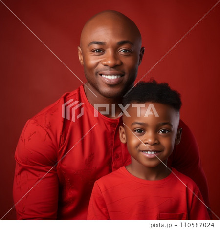 Happy African father and child in red shirts...のイラスト素材 [110587024] - PIXTA