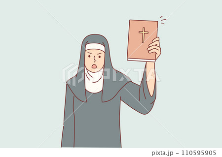 Woman nun from church shows holy bible in shock...のイラスト素材 [110595905 ...