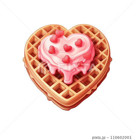Heart shaped waffle with pink cream on top. AI...のイラスト素材 [110602001 ...