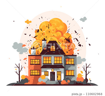 Two-story house exploding with flames and...のイラスト素材 [110602968] - PIXTA