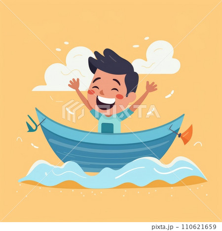 Illustration of a happy boy sitting in a boat....のイラスト素材 [110621659 ...