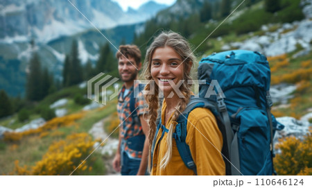 Smiling partners hiking mountain trails,...のイラスト素材 [110646124] - PIXTA