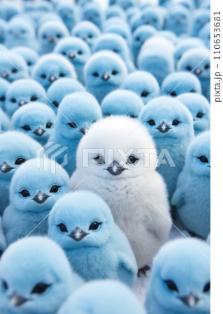 Adorable white penguin chick amid a blue fluffy...のイラスト素材 [110653681 ...