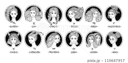 Set of zodiac signs line art female face portraitsのイラスト素材 [110687957 ...