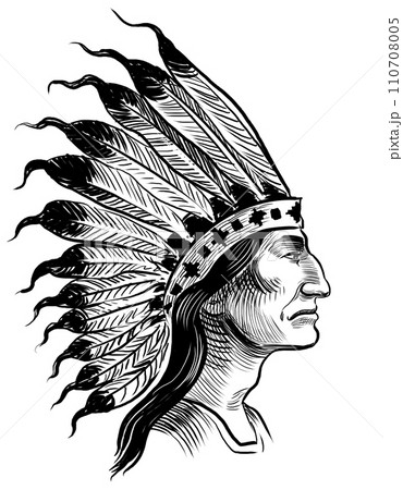 Indian chief head. Hand-drawn black and white...のイラスト素材 [110708005] - PIXTA