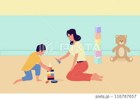 Parents and kids. Cartoon happy mother playing...のイラスト素材 [110787057 ...