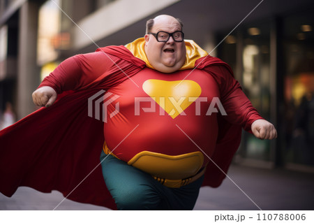 Fat male superhero wearing costume at city streetのイラスト素材 [110788006 ...