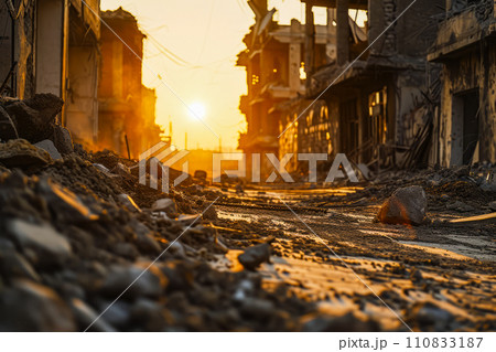 AI-generated content. Sunset Over a Devastated...のイラスト素材 [110833187 ...