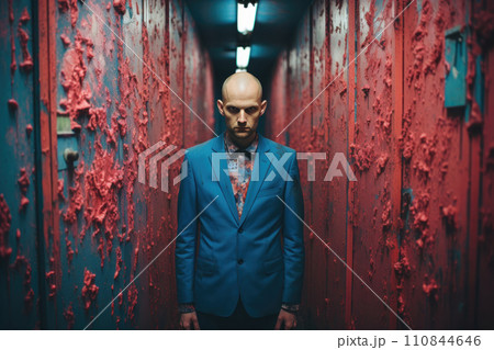 Bald man in blue suit stands eerily calm in red...のイラスト素材 [110844646 ...