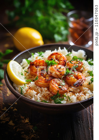 Grilled Shrimp over Rice with Lemon Garnish....のイラスト素材 [110847063] - PIXTA