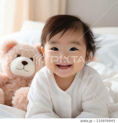Happy asian baby girl sitting on a bed with...のイラスト素材 [110976943] - PIXTA