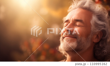Tranquil man meditating peacefully in nature...のイラスト素材 [110995162] - PIXTA
