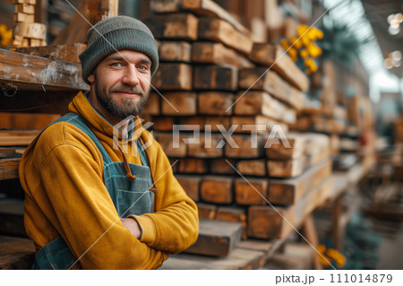 Smiling carpenter at lumber millのイラスト素材 [111014879] - PIXTA