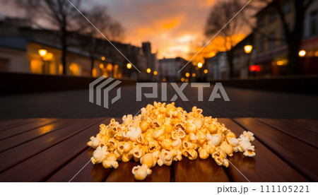 Pile of popcorn on a bench with a sunset...のイラスト素材 [111105221] - PIXTA