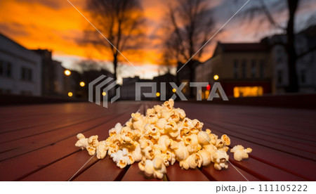 Pile of popcorn on a bench with a sunset...のイラスト素材 [111105222] - PIXTA